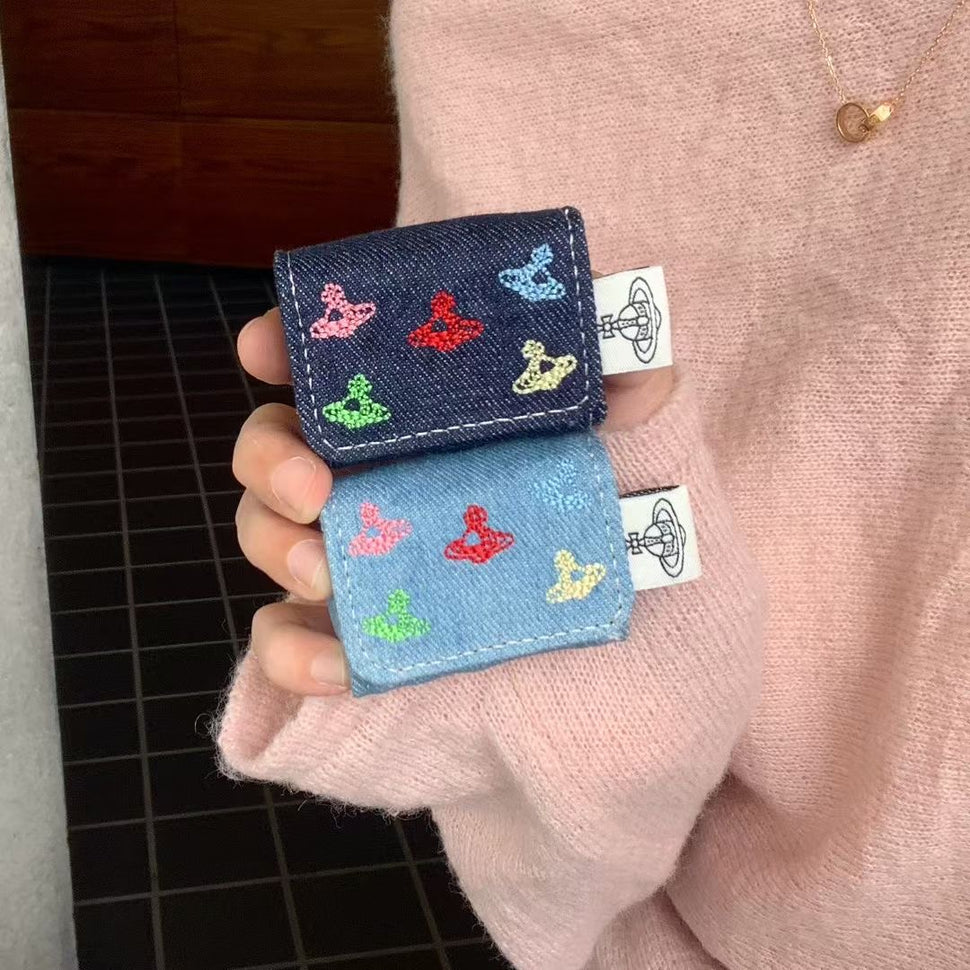 Embroidered Denim AirPods Case – Colorful Pattern Design – Kalakaar Indiaa