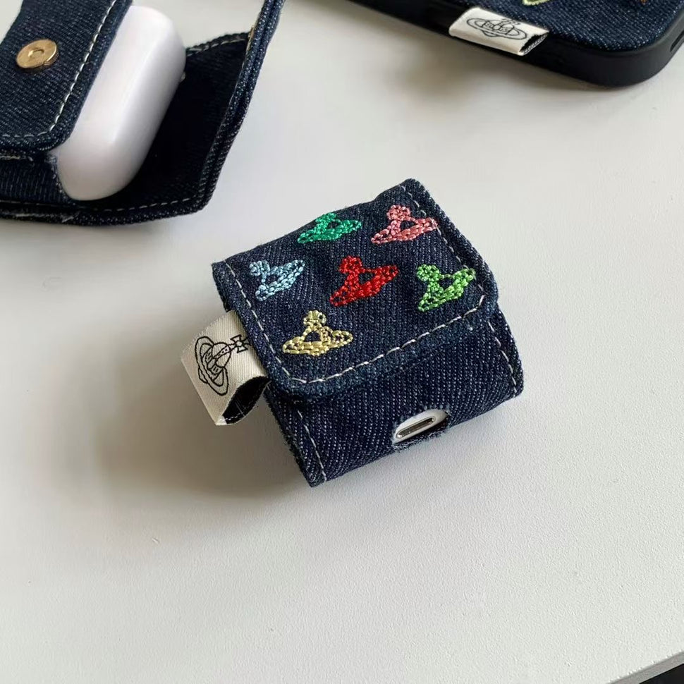 Embroidered Denim AirPods Case – Colorful Pattern Design – Kalakaar Indiaa