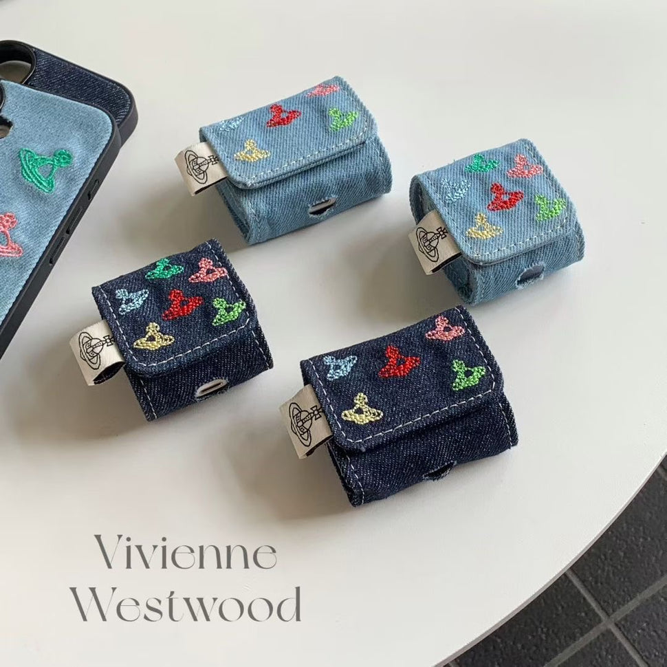 Embroidered Denim AirPods Case – Colorful Pattern Design – Kalakaar Indiaa
