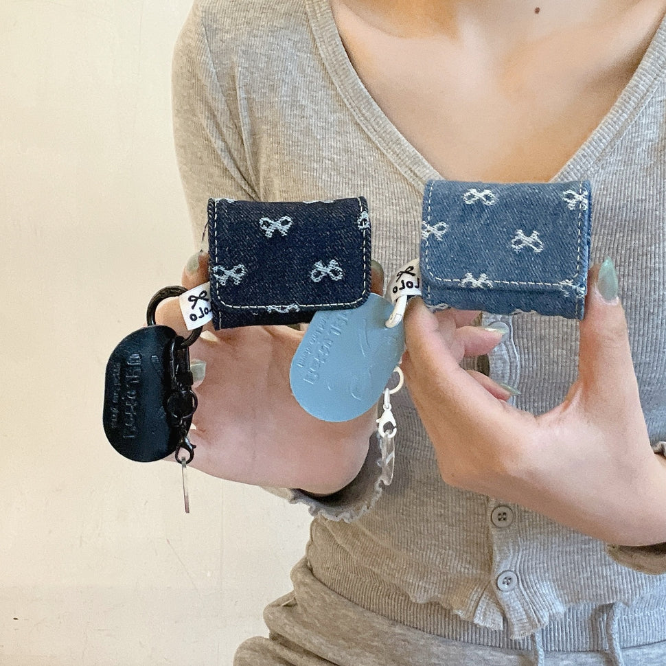 Denim AirPods Case with Bow Pattern & Keychain – Kalakaar Indiaa