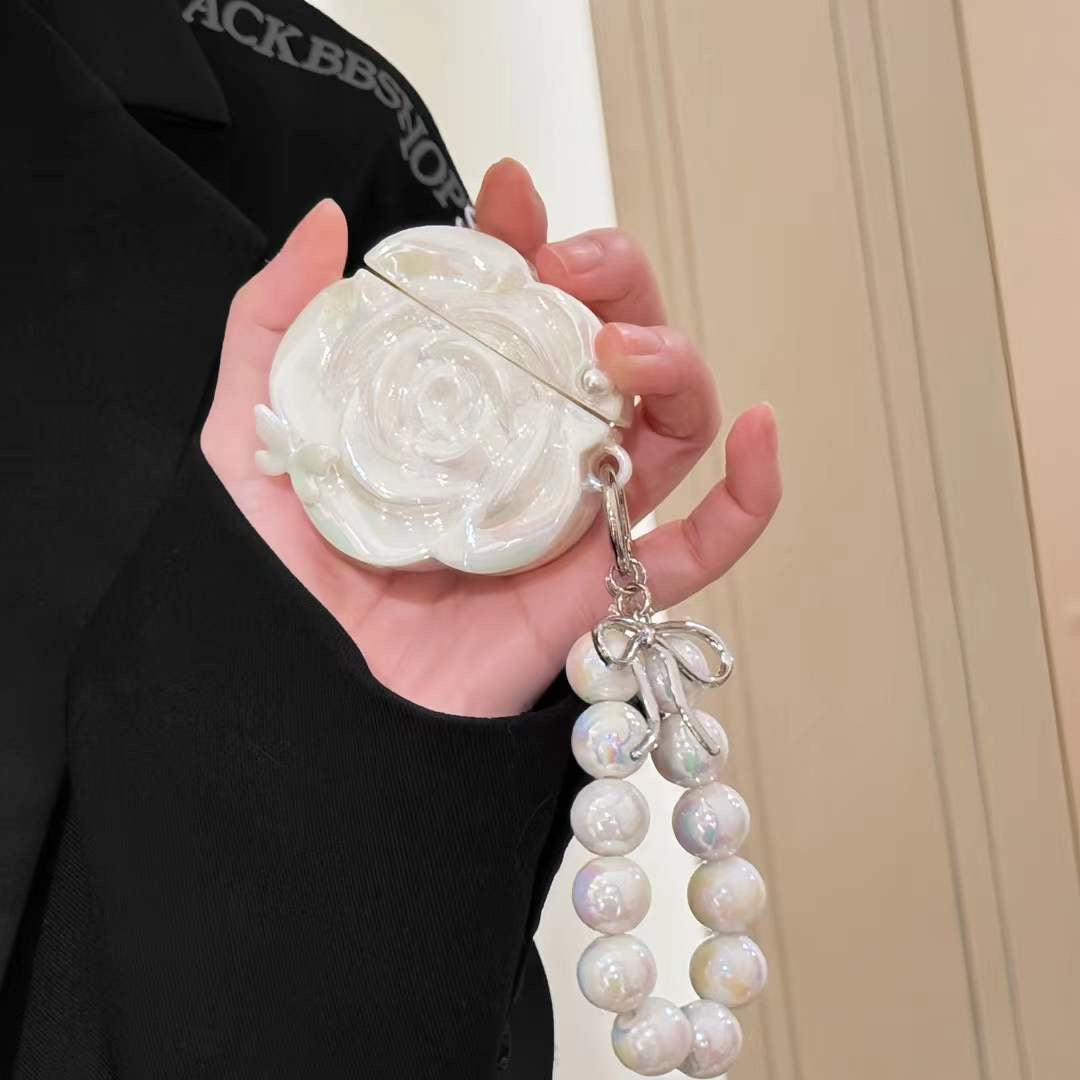 White Rose Case For Airpod With Beaded Charm – Kalakaar Indiaa