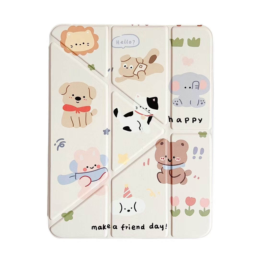 Make a Friend Day iPad Case – Cute Animal Cartoon Tri-Fold Stand Case ...