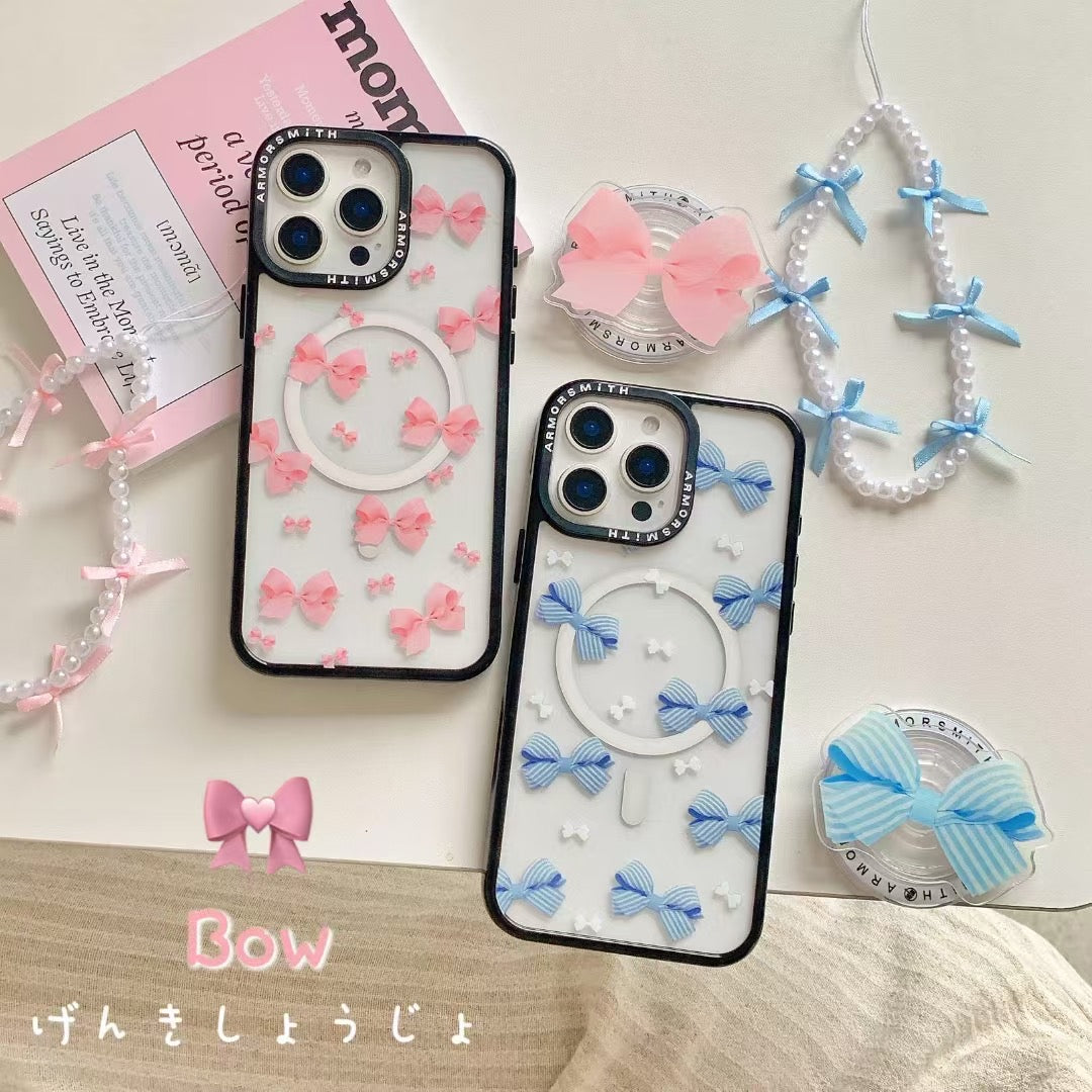 Cute Bow iPhone Case with MagSafe Holder & Charm – Pink & Blue Design ...