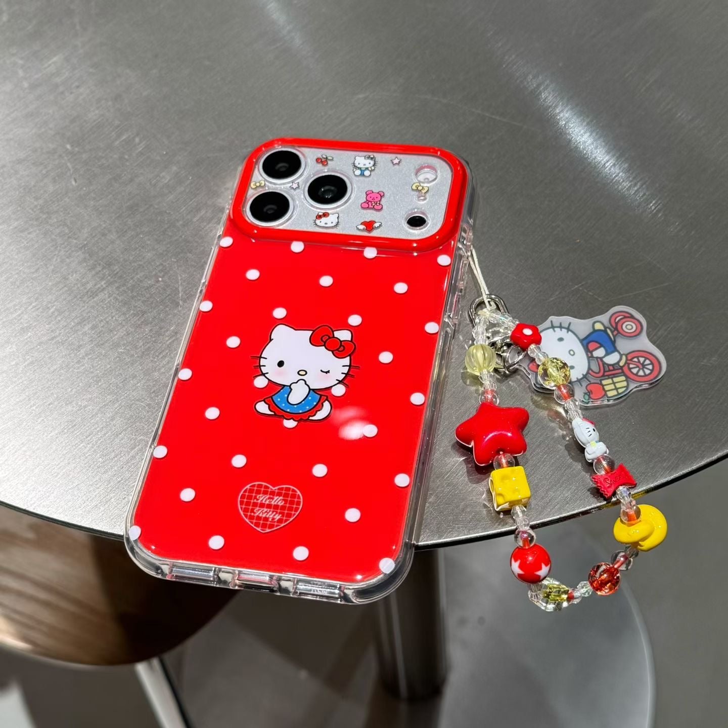 Cute Red Polka Dot Cartoon iPhone Case with Beaded Charm Strap Aesthet ...