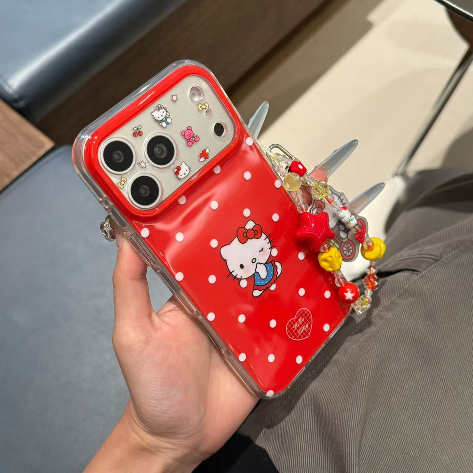 Cute Red Polka Dot Cartoon iPhone Case with Beaded Charm Strap Aesthet ...