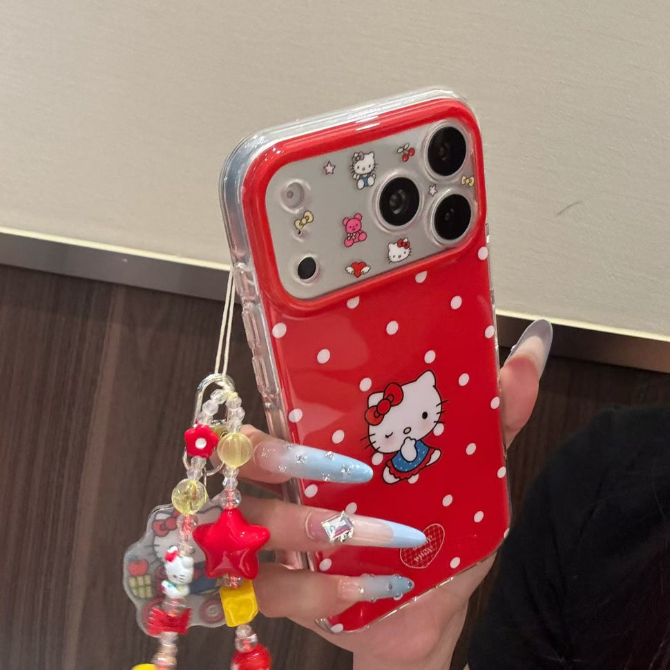 Cute Red Polka Dot Cartoon iPhone Case with Beaded Charm Strap Aesthet ...